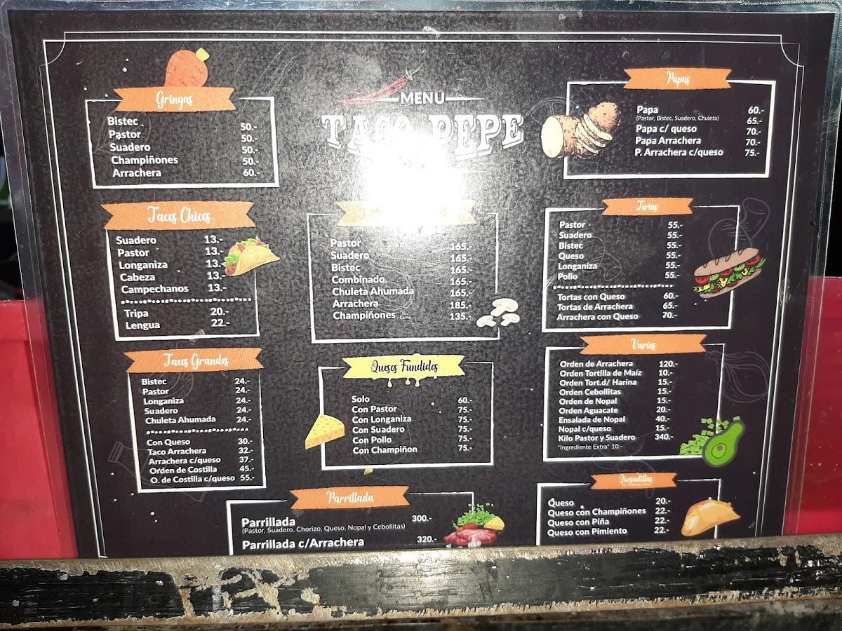 Menu at Taco Pepe restaurant, Mexico City, Av. de la Libertad 100