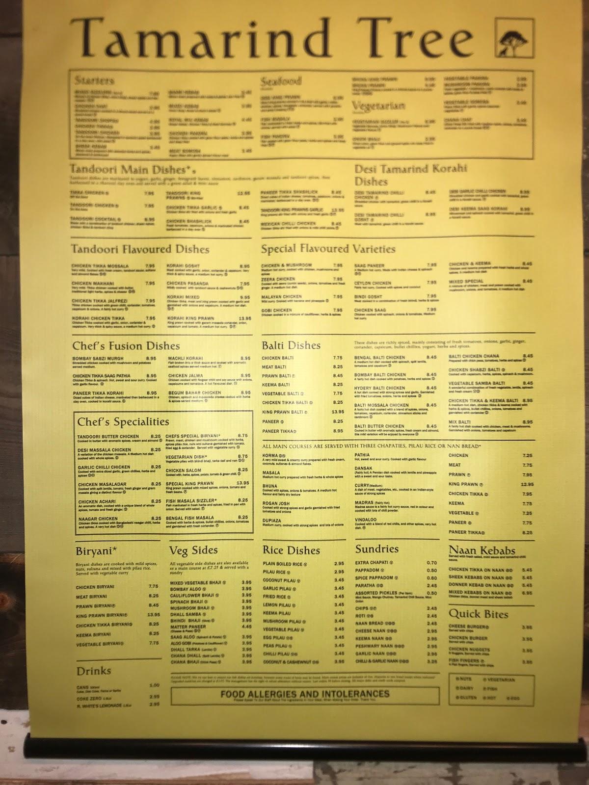 Menu at Tamarind Tree, Bradford