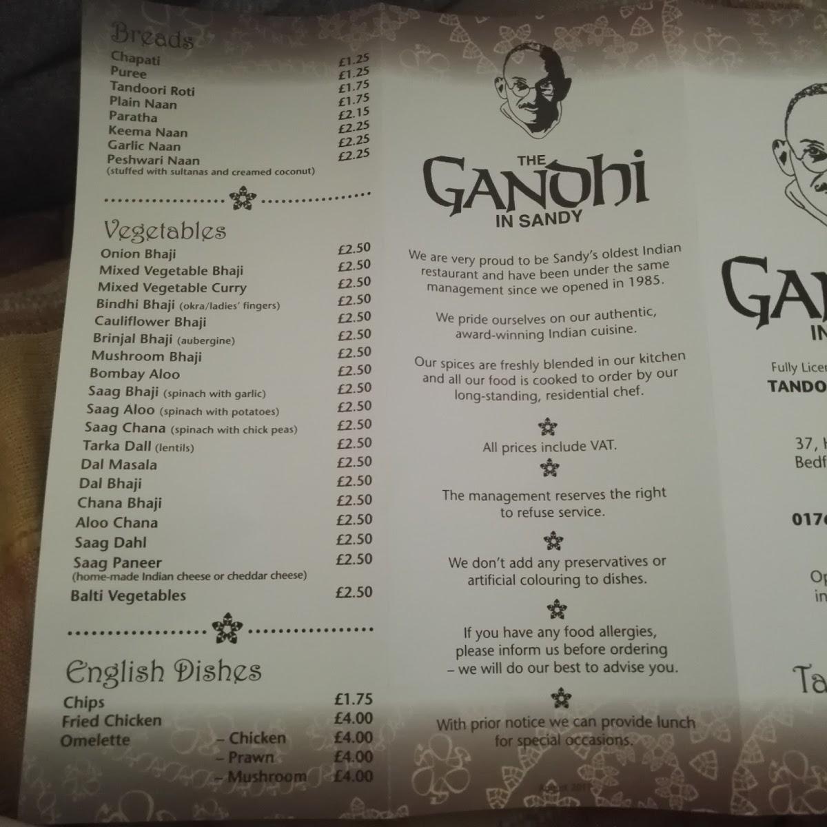 Menu at The Gandhi in Sandy restaurant, Sandy