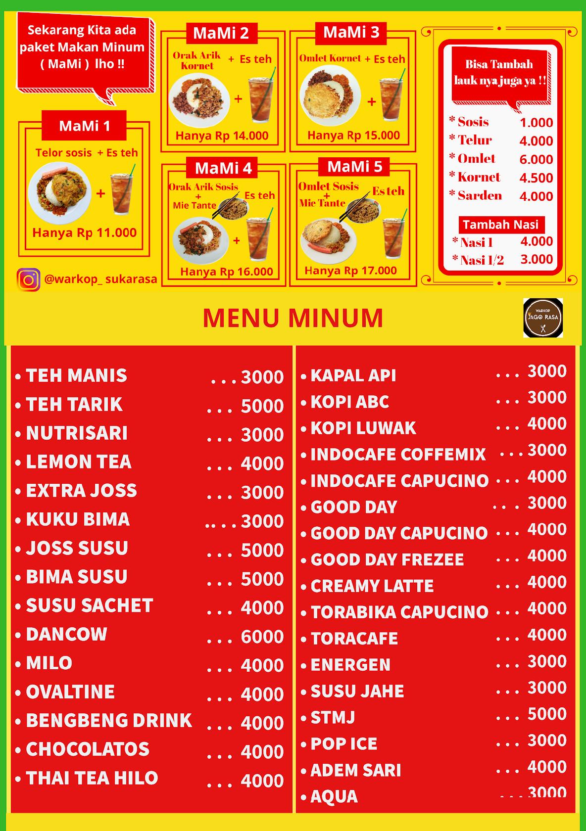 Menu at Warkop JAGO RASA restaurant, Bandung