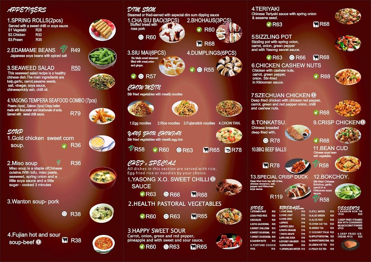 Menu at Yasong Kyalami restaurant, Midrand, Kyalami Corner