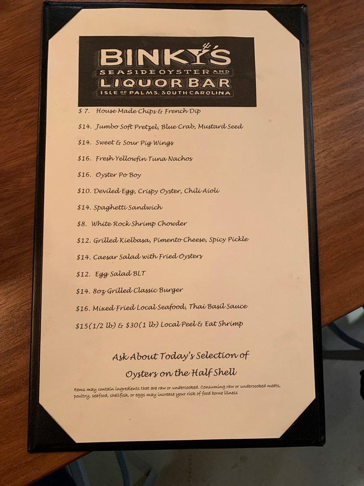 Menu at Binky's Seaside Oyster & Liquor Bar, Isle of Palms