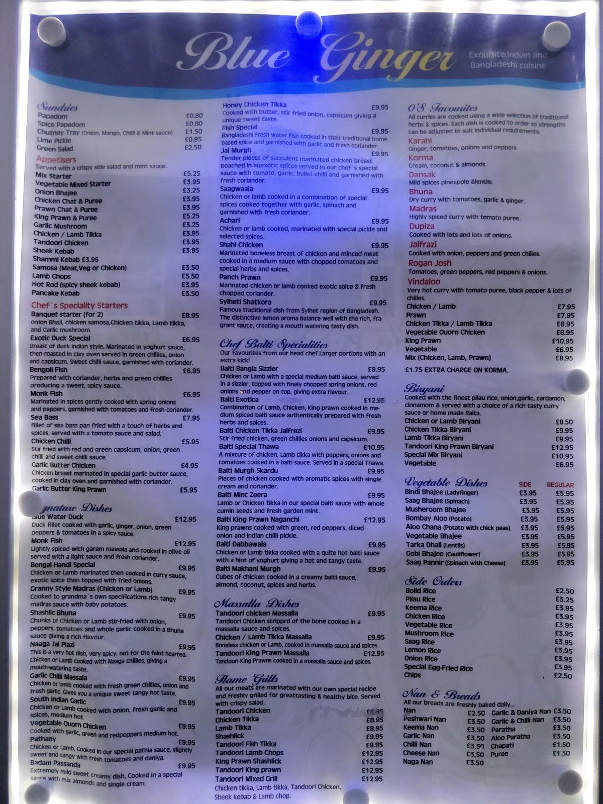Menu at Blue Ginger restaurant, Middlewich