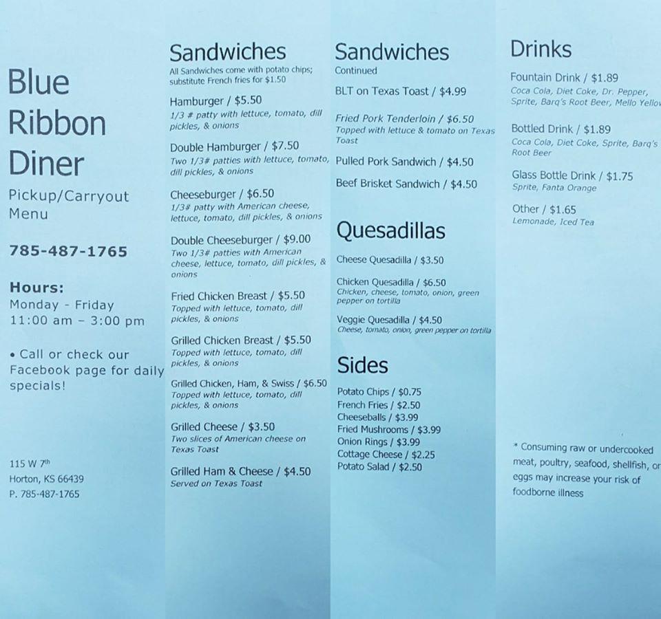 Menu at Blue Ribbon Diner restaurant, Horton