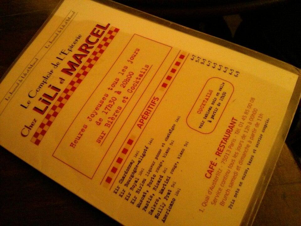 Menu at Chez Lili et Marcel restaurant, Paris