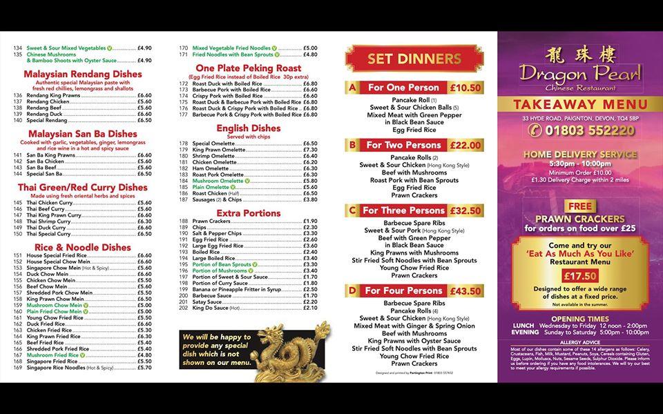 Menu at Dragon Pearl Restaurant, Paignton