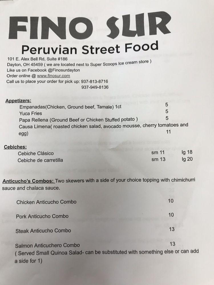 Menu at Fino Sur - Peruvian Street Food restaurant, Centerville