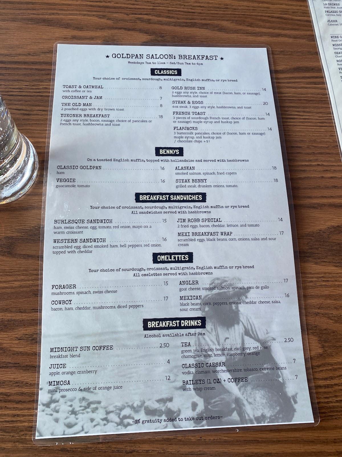 Menu at Gold Pan Saloon at the Best Western Gold Rush Inn pub & bar ...