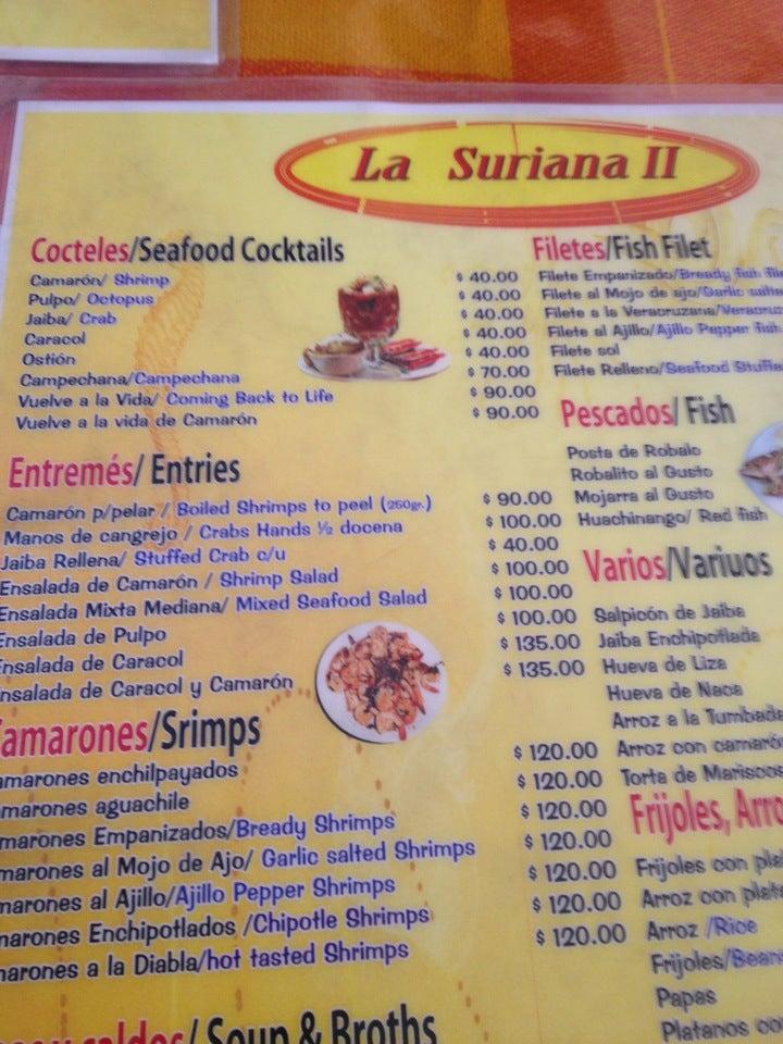 Carta del restaurante La Suriana II, Veracruz, Av. Ignacio Zaragoza 286