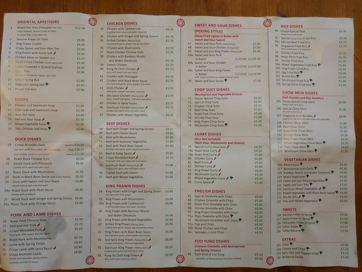 Menu at Oriental Chef fast food, Glastonbury