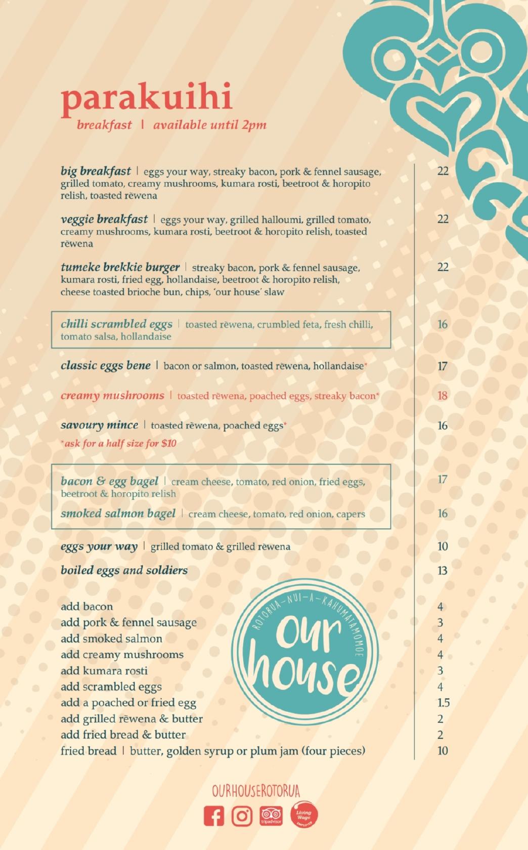 Menu at Our House restaurant, Rotorua, Tutanekai St