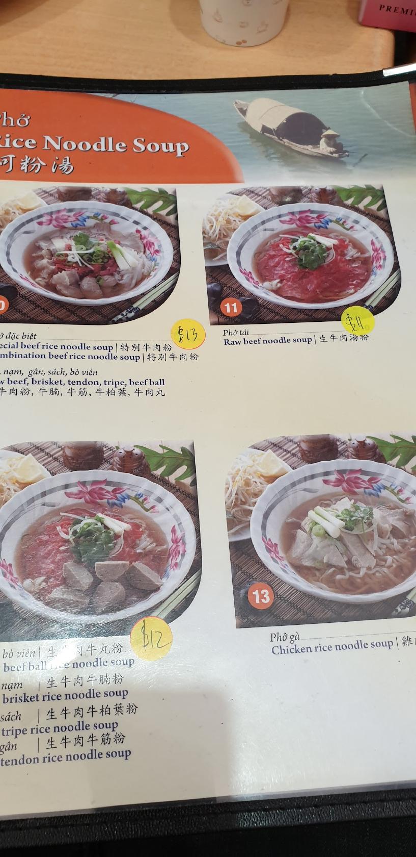 Menu at Pho Song Huong restaurant, Riverwood