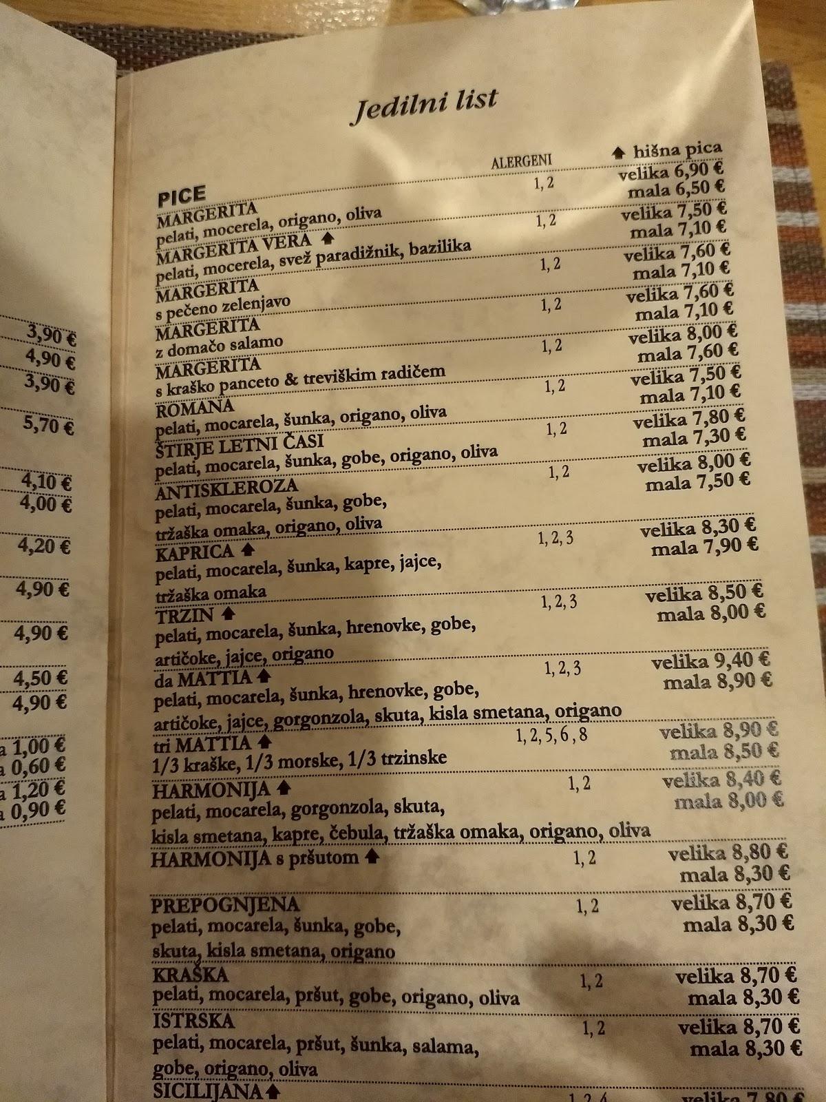 Menu da Pizzeria da Mattia, Trzin