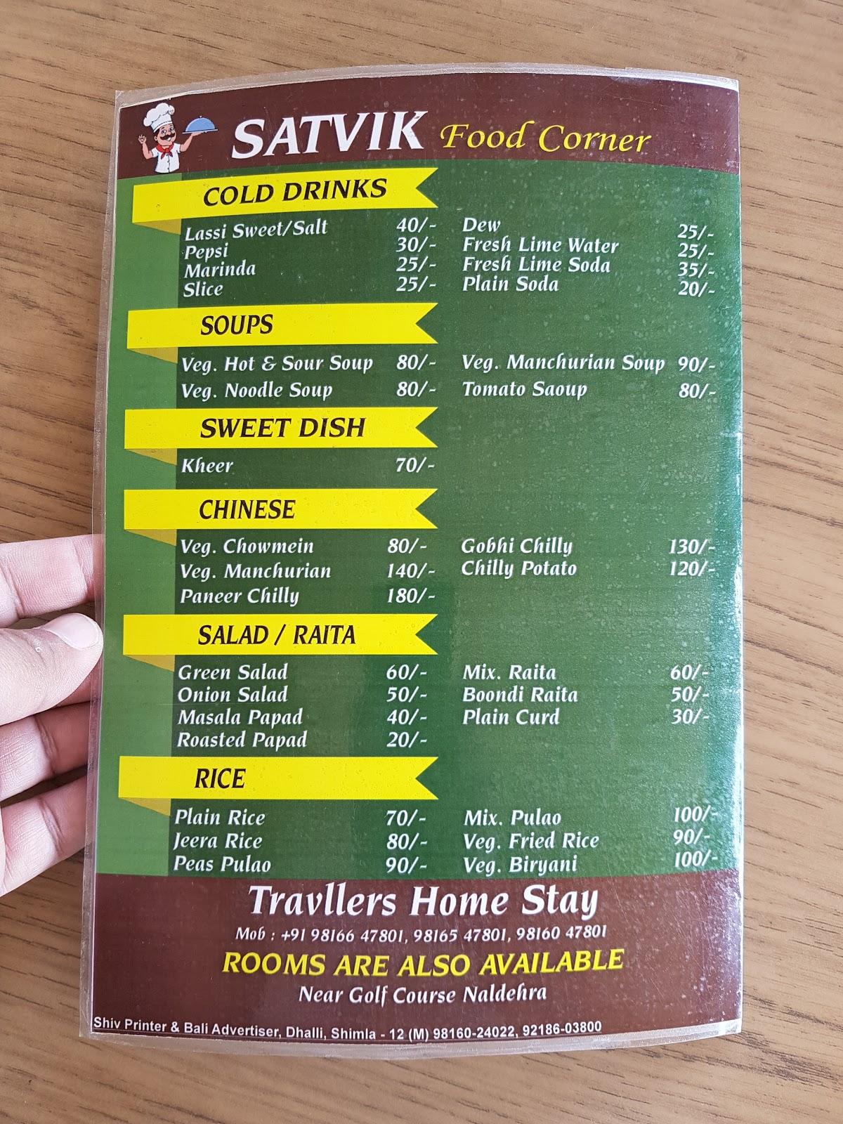 Menu at Satvik Food Corner and Home Stay, Naldehra