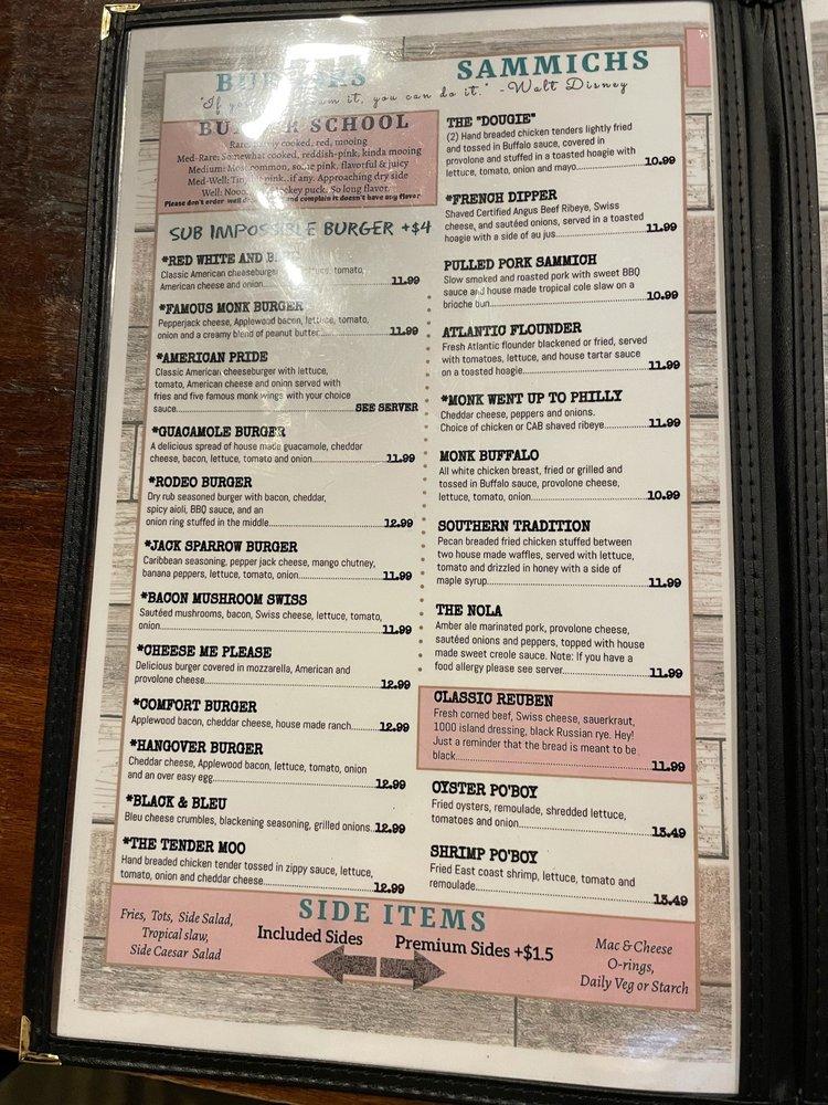Menu at The Grumpy Monk North Myrtle Beach restaurant, North Myrtle Beach