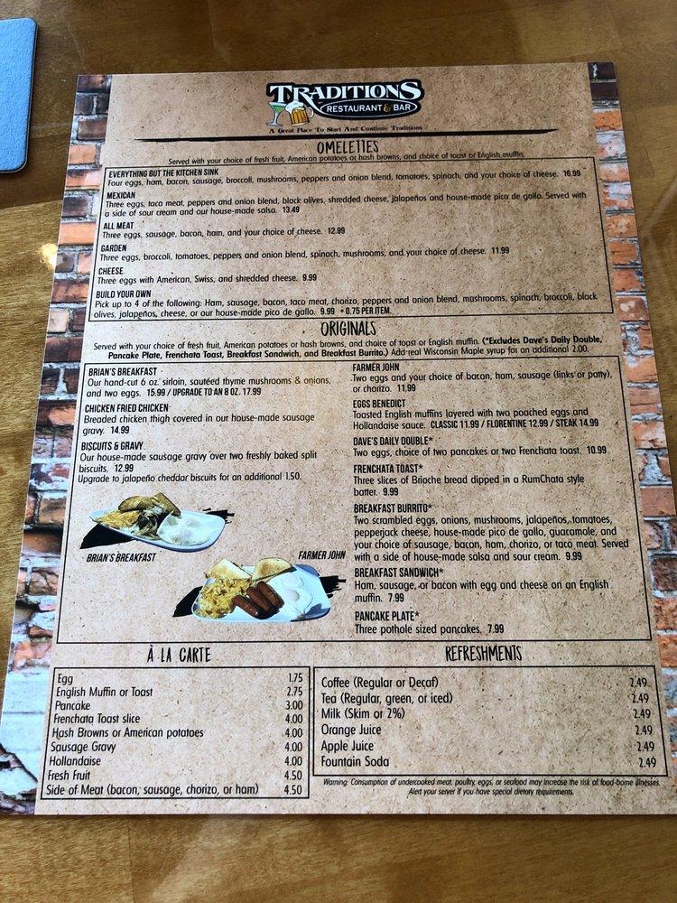 Menu at Traditions Restaurant & Bar, West Fargo