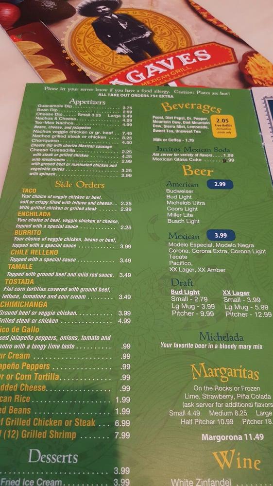 Menu at Agaves Mexican Grill restaurant, Ferdinand