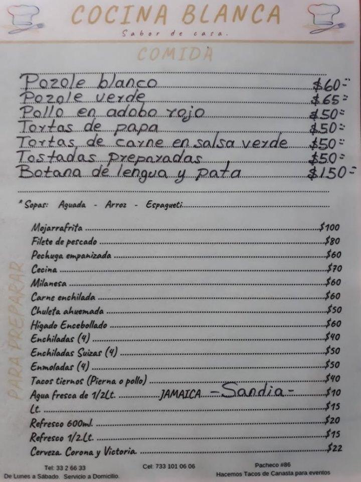 Menu at Cocina Blanca restaurant, Ignacio Ramírez