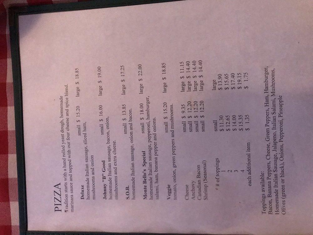 Menu at Monte Bello Pizzeria, Lemay