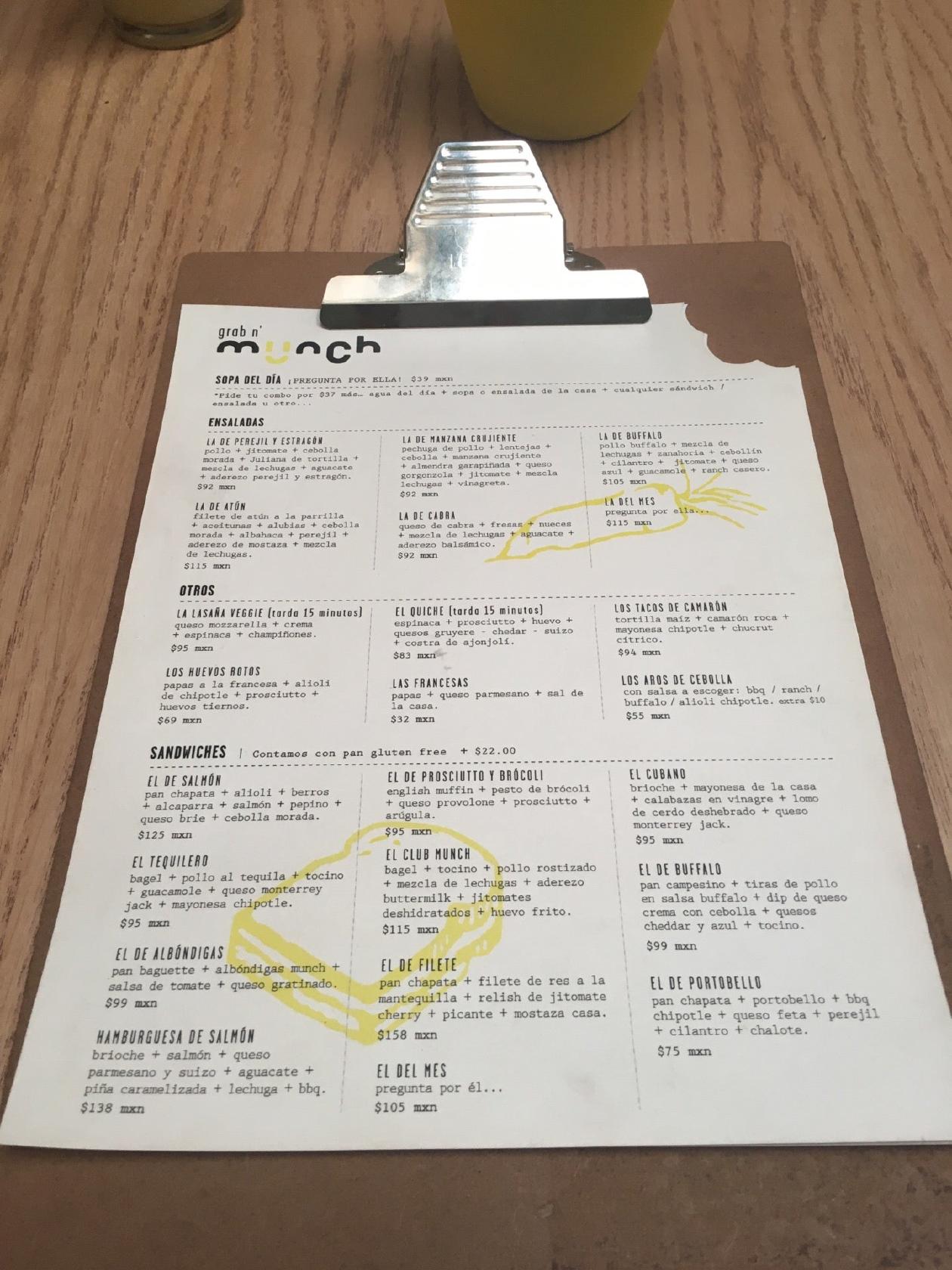 Menu at Munch restaurant, Mexico City, Río Ganges s/n