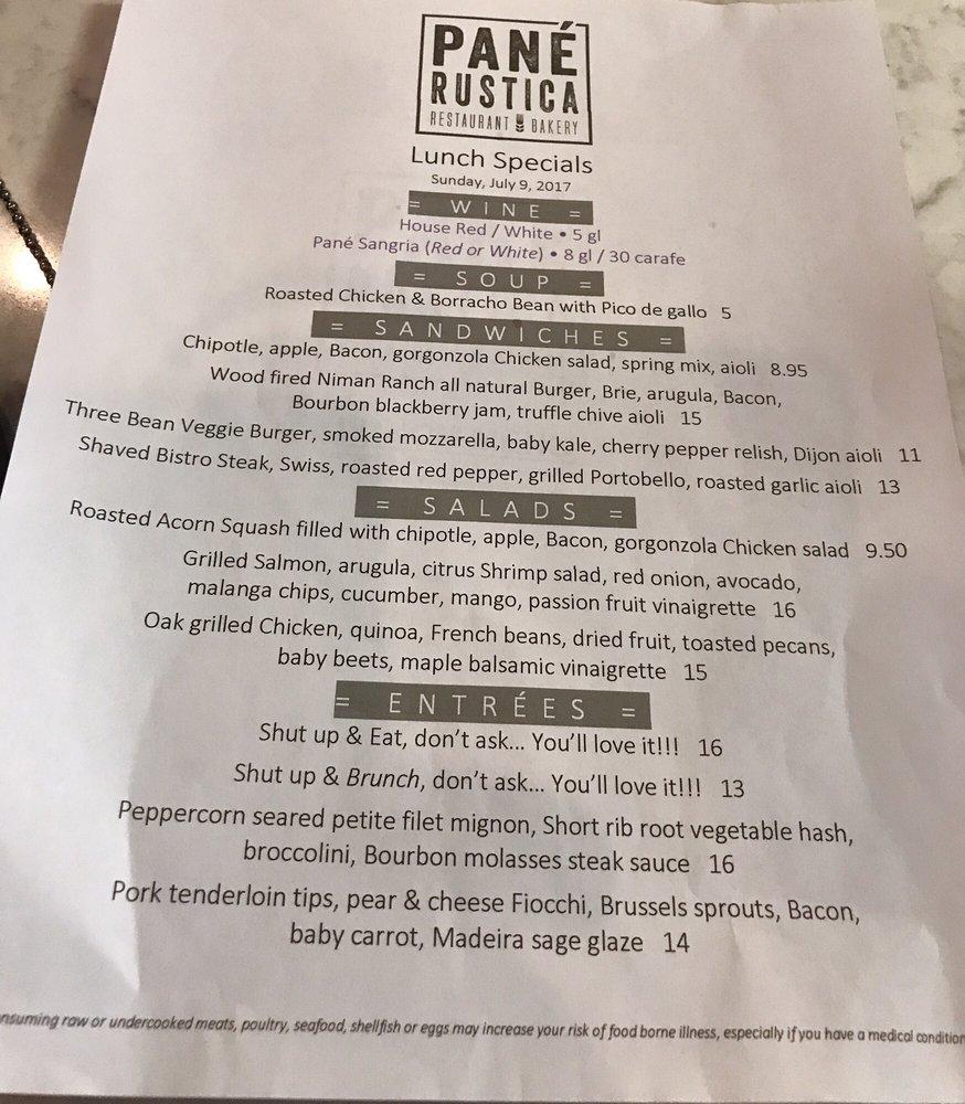 Menu at Pane Rustica cafe, Tampa, S MacDill Ave