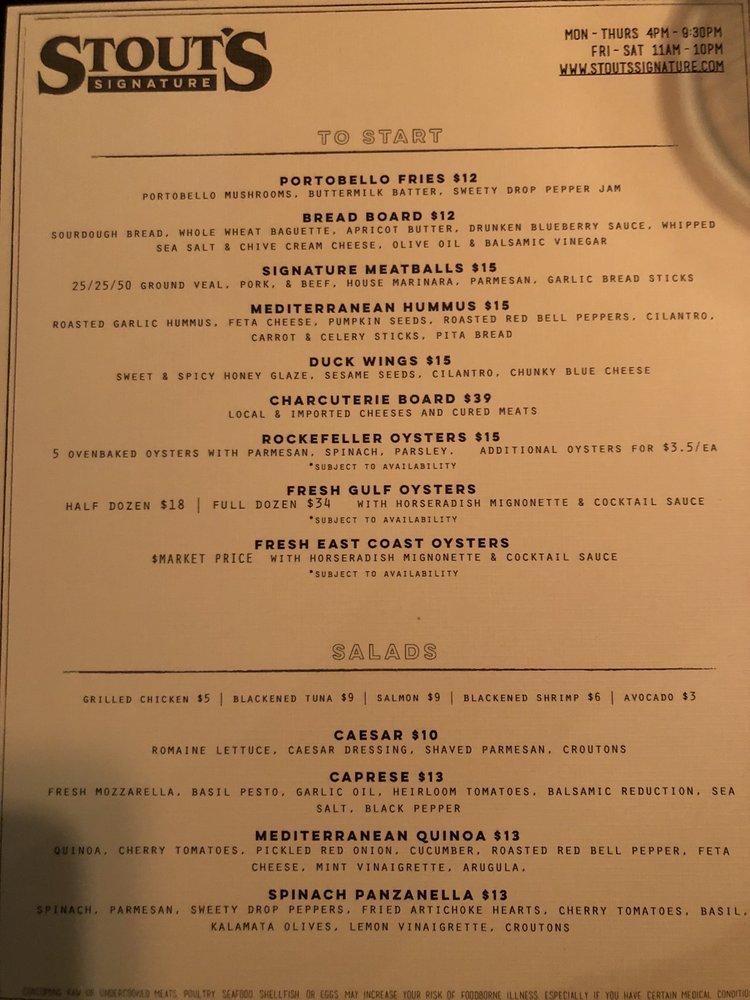 Menu at Stout’s Signature pub & bar, San Antonio