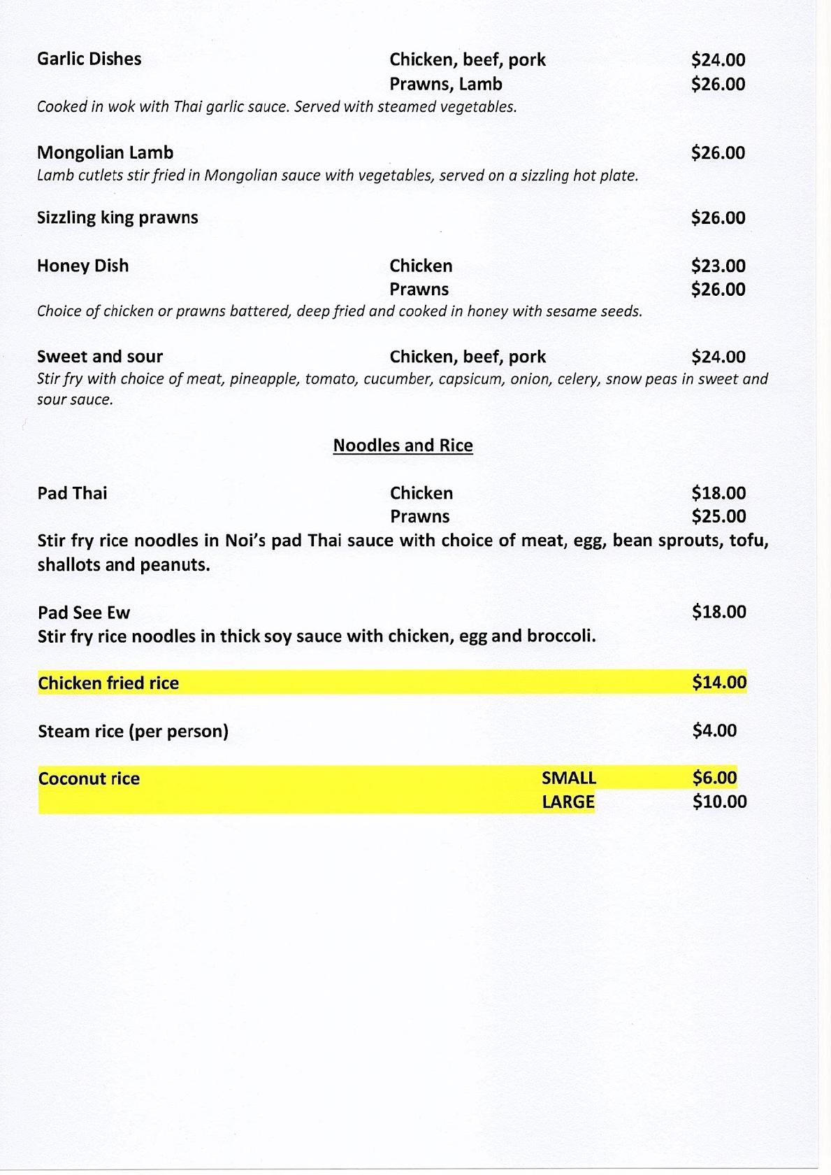 Menu at Thai-Noi Restaurant, Biloela