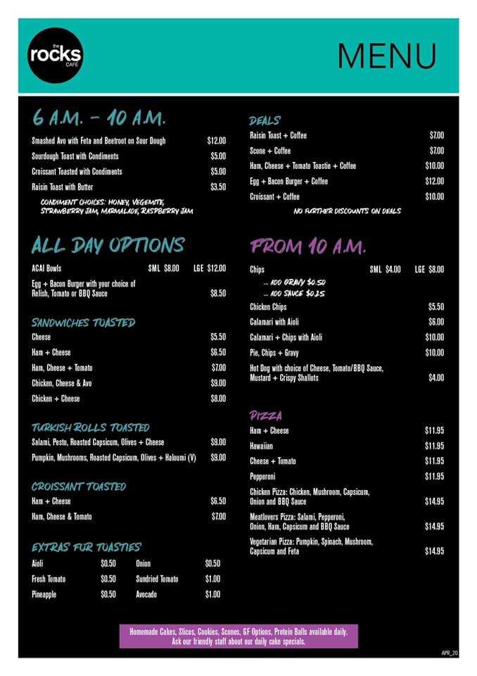 Menu at The Rocks Yeppoon Bar + Restaurant, Yeppoon