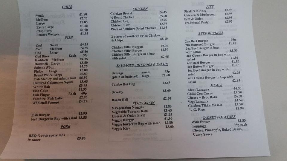 Menu at Butterwick Fryer restaurant, Kirton