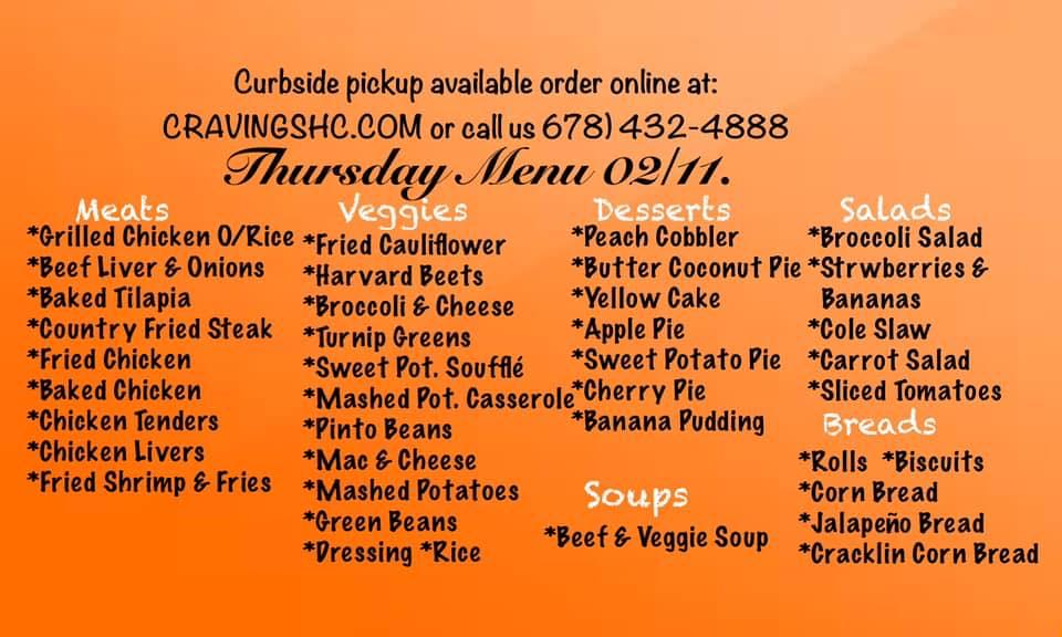 Menu at Cravings Home Cooking restaurant, McDonough