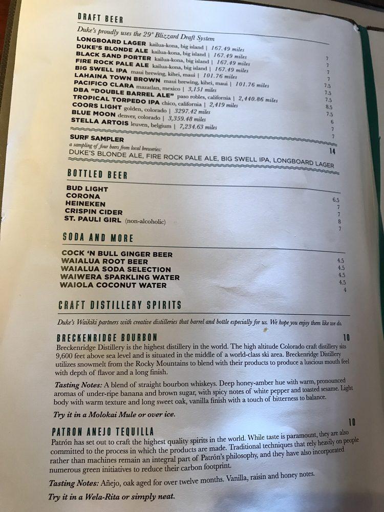 Menu at Duke's Waikiki pub & bar, Honolulu, Kalākaua Ave #116