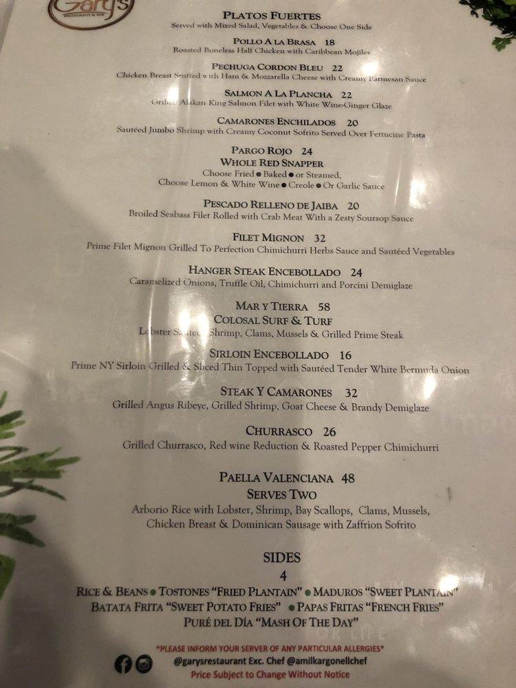 Menu at Gary's Restaurant and Bar, Lowell