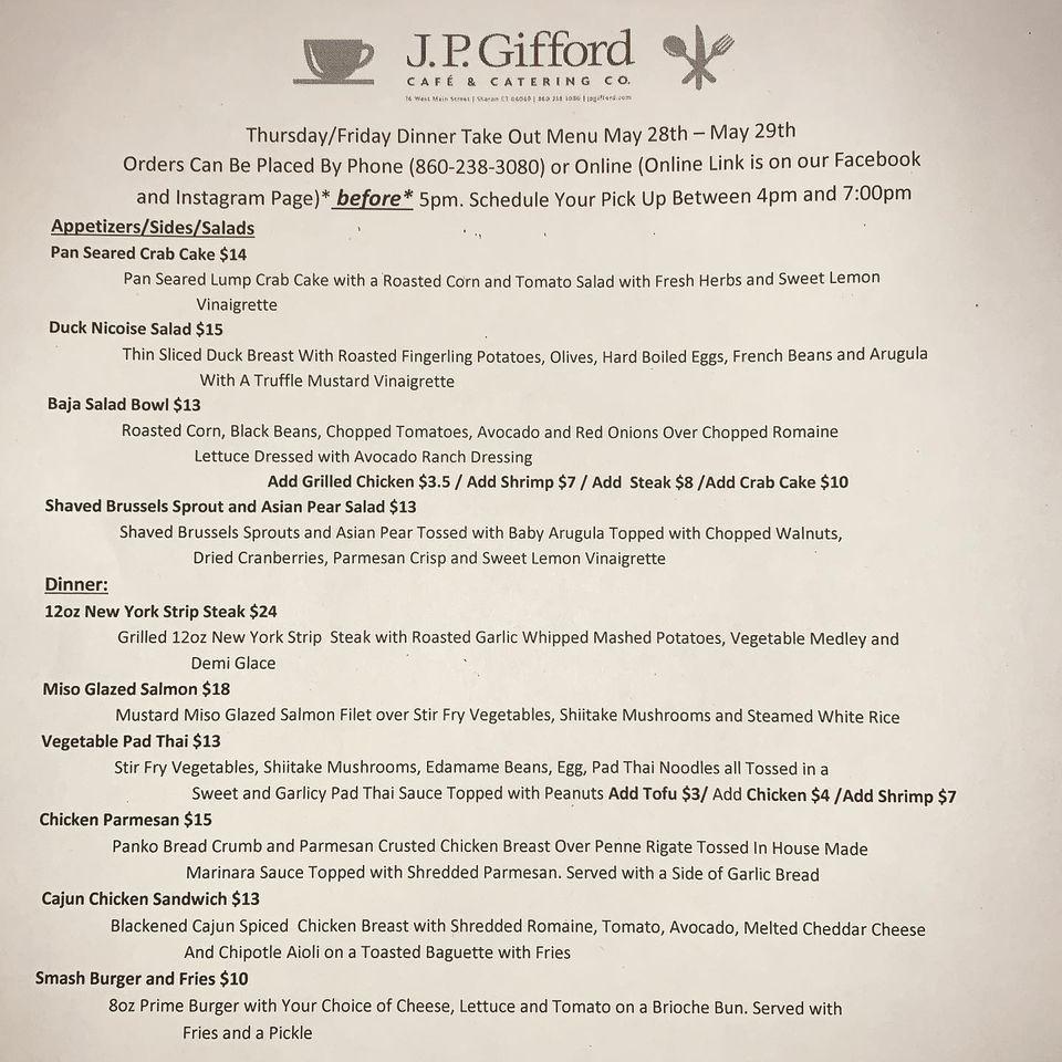 Menu at J.P. Gifford Café and Catering Co. cafe, Sharon