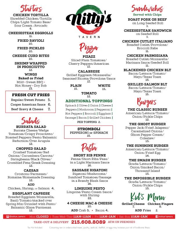 Menu at Nitty's Tavern pub & bar, Philadelphia