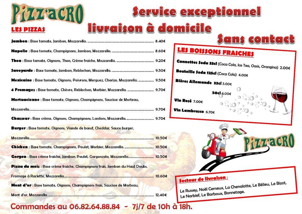 Menu at Pizz'acro pizzeria, France
