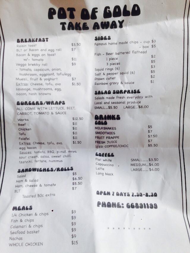 Menu at Pot of Gold Cafe, Nimbin