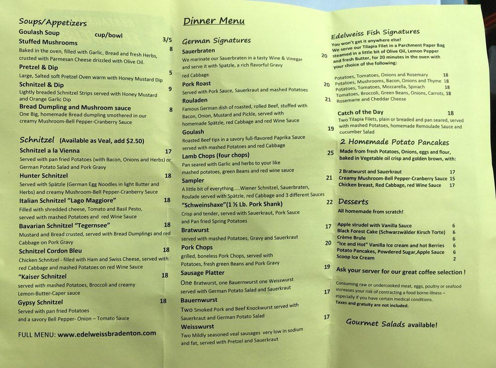 Menu at Restaurant Edelweiss, Bradenton