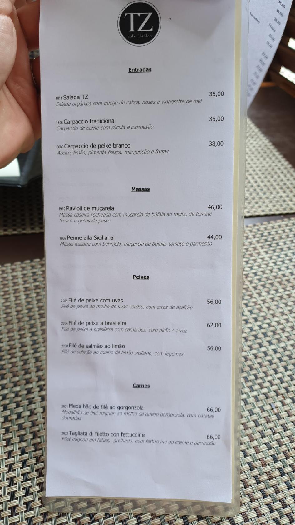 Menu at TZ Leblon restaurant, Rio de Janeiro, Rua Conde de Bernadotte