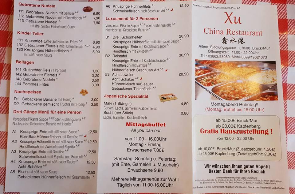 Menu at XU restaurant, Bruck an der Mur