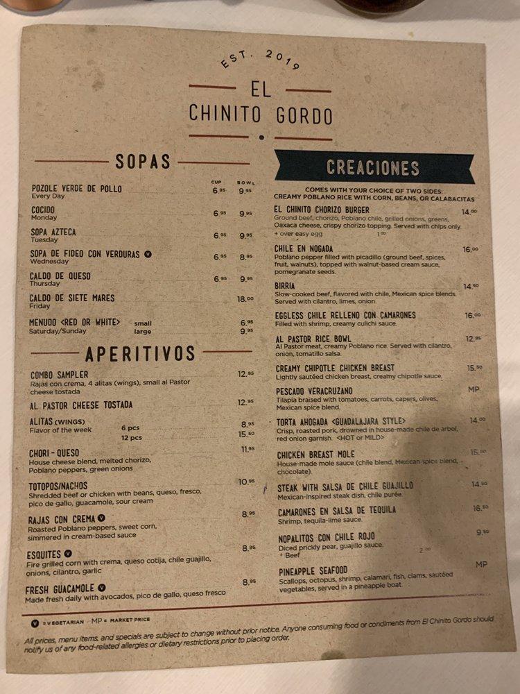 Menu at El Chinito Gordo restaurant, Tucson