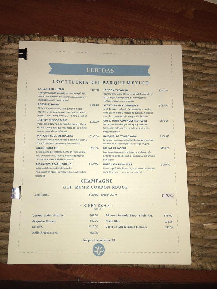 Carta de El Parque Mexico Hospitalidad Artesanal, Ciudad López Mateos