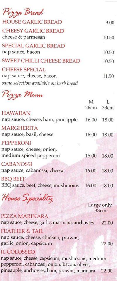 Menu at IL Colosseo pizzeria, Taree