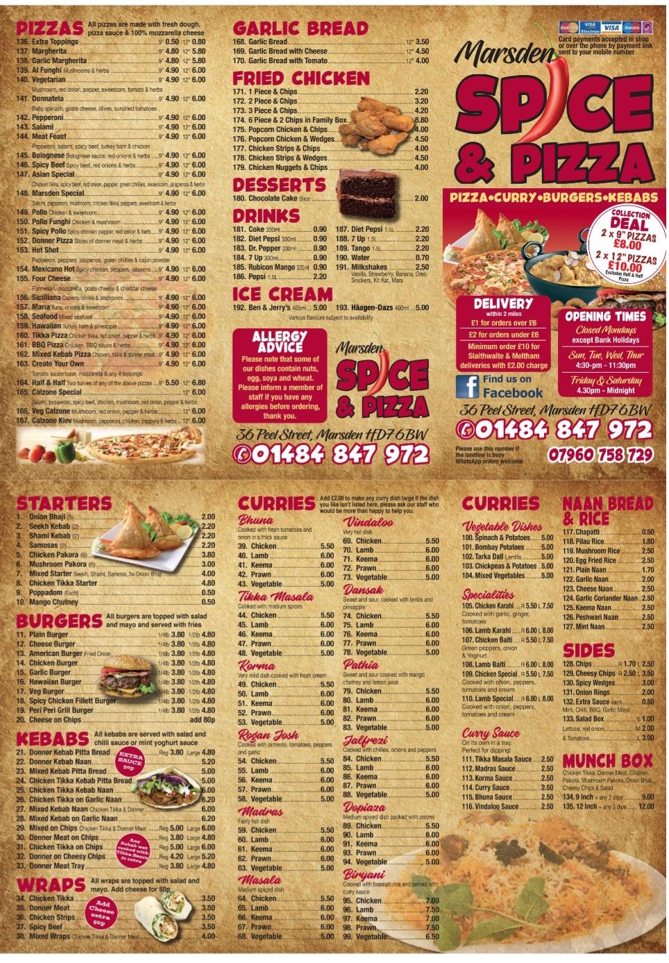 Menu at Marsden Spice & Pizza fast food, Marsden
