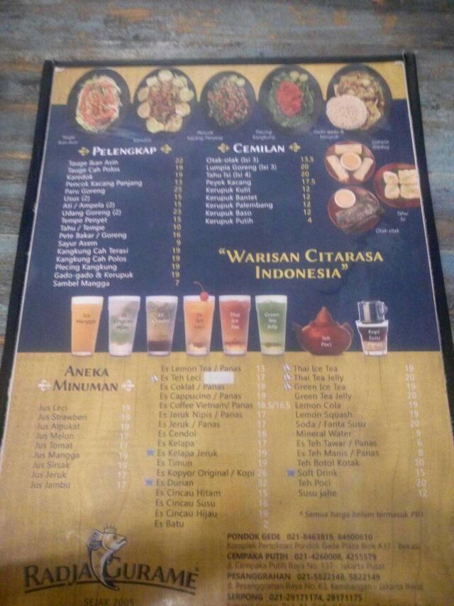 Menu at Radja Gurame Cempaka Putih restaurant, Jakarta, 1
