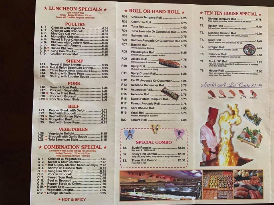 Menu at Ten Ten Buffet Grill & Sushi restaurant, Kalamazoo