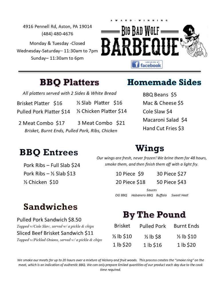 Menu at BIG BAD WOLF BARBEQUE BBQ, Aston