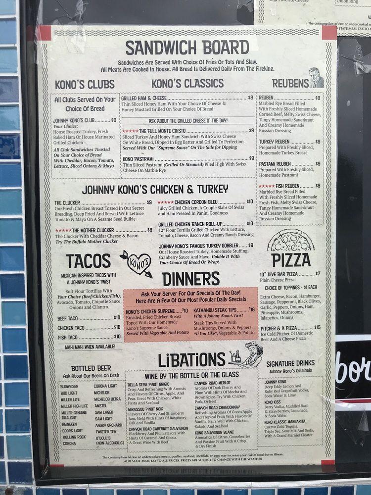 Menu at Johnny Kono's Bar & Grill, Weymouth