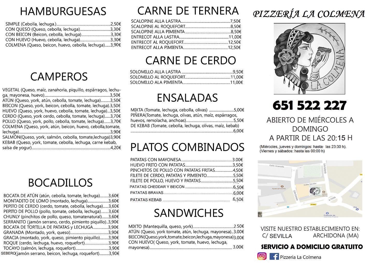 Menu at Pizzería La Colmena, Archidona