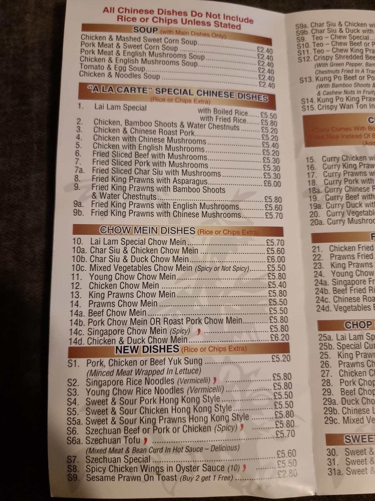 Menu at Lai Lam fast food, Kidderminster