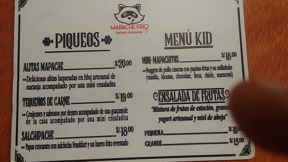 Carta del café Mapache Frío Helado Artesanal, Chiclayo